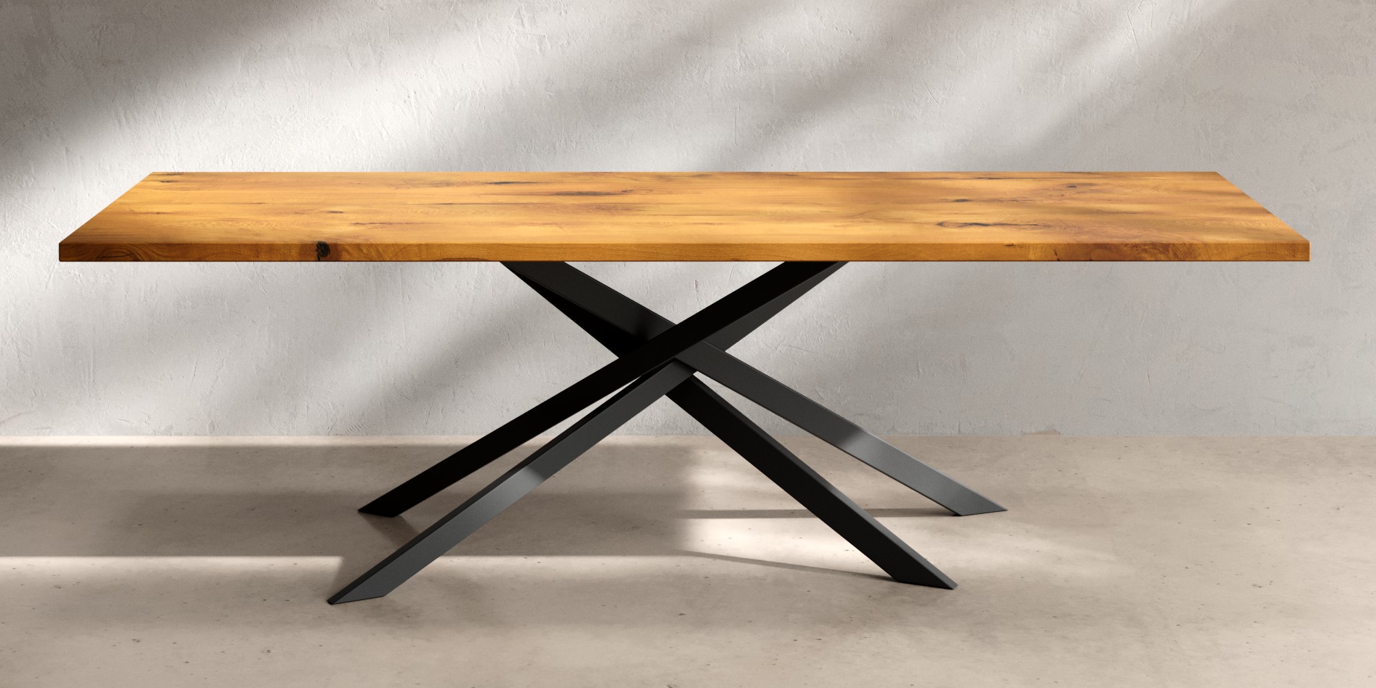 Massiver Holztisch – Asteiche & Metall X-Gestell E212 | wobiliar